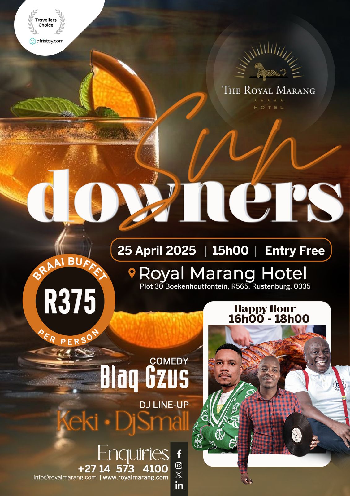 Sundowners Event at The Royal Marang Hotel – Comedy, Braai Buffet ...